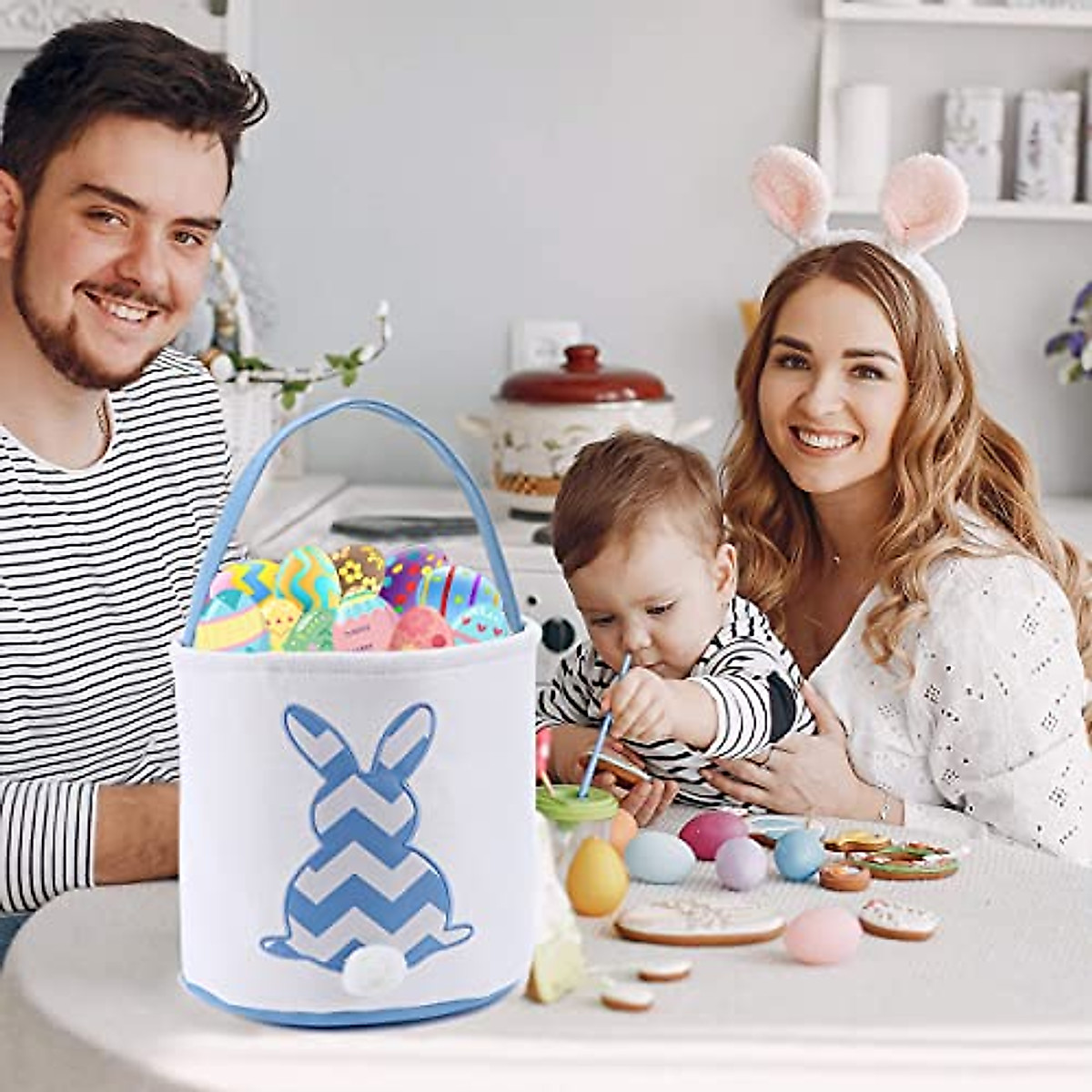 Cootato Easter Bunny Basket Bags for Kids, Stripe Rabbit Pattern Egg Basket Hunt Bags Personalized Canvas Cotton Bucket with Fluffy Tail for Easter Eggs, Candy, Gift (Blue)