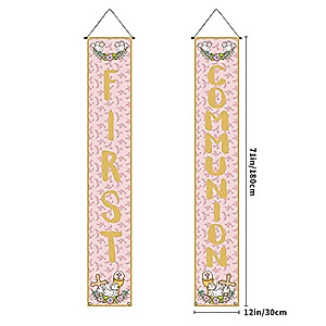 Pink First Communion Decorations Confirmation Porch Banner Baptism Front Porch Sign Christening 1st Communion Decoration and Supplies for Girls-12×71''