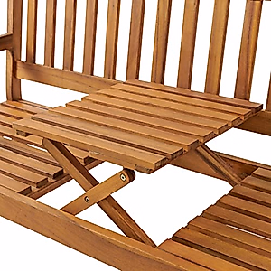 Bristol Two-Seat Outdoor Bench with Pop-Up Center Table, Weather-Resistant Acacia Wood, Natural Finish, Ideal for Patio, Porch, or Garden, Dimensions: 60 in. W x 26 in. D x 37 in. H