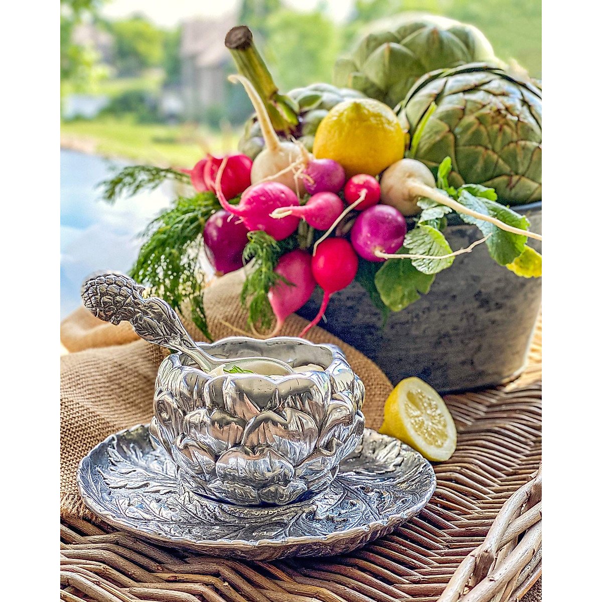 Arthur Court Aluminum Artichoke Condiment Set 3 piece Bowl, Tray, Spoon 7 inch Diameter Tray