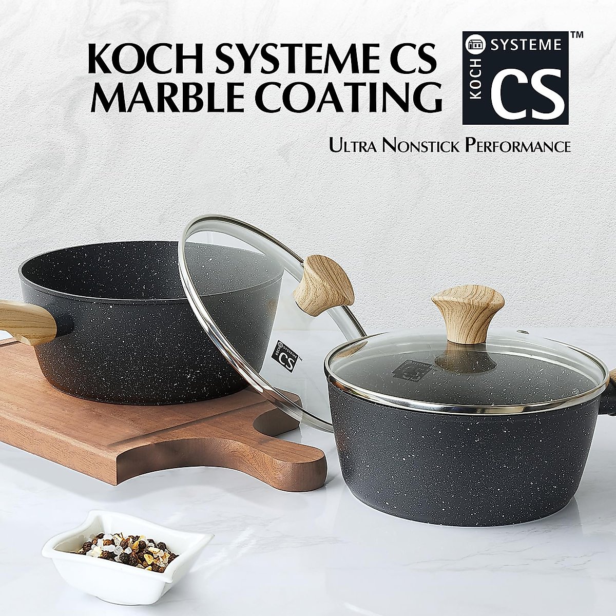 KOCH SYSTEME CS Saucepan with Lid, Nonstick 3 Quart Sauce Pan with Lid, Black Marble Coatings, Granite Saucepan with Comfortable Bakelite Handle, Small Cooking Pot, 3 Quart Saucepan with Lid