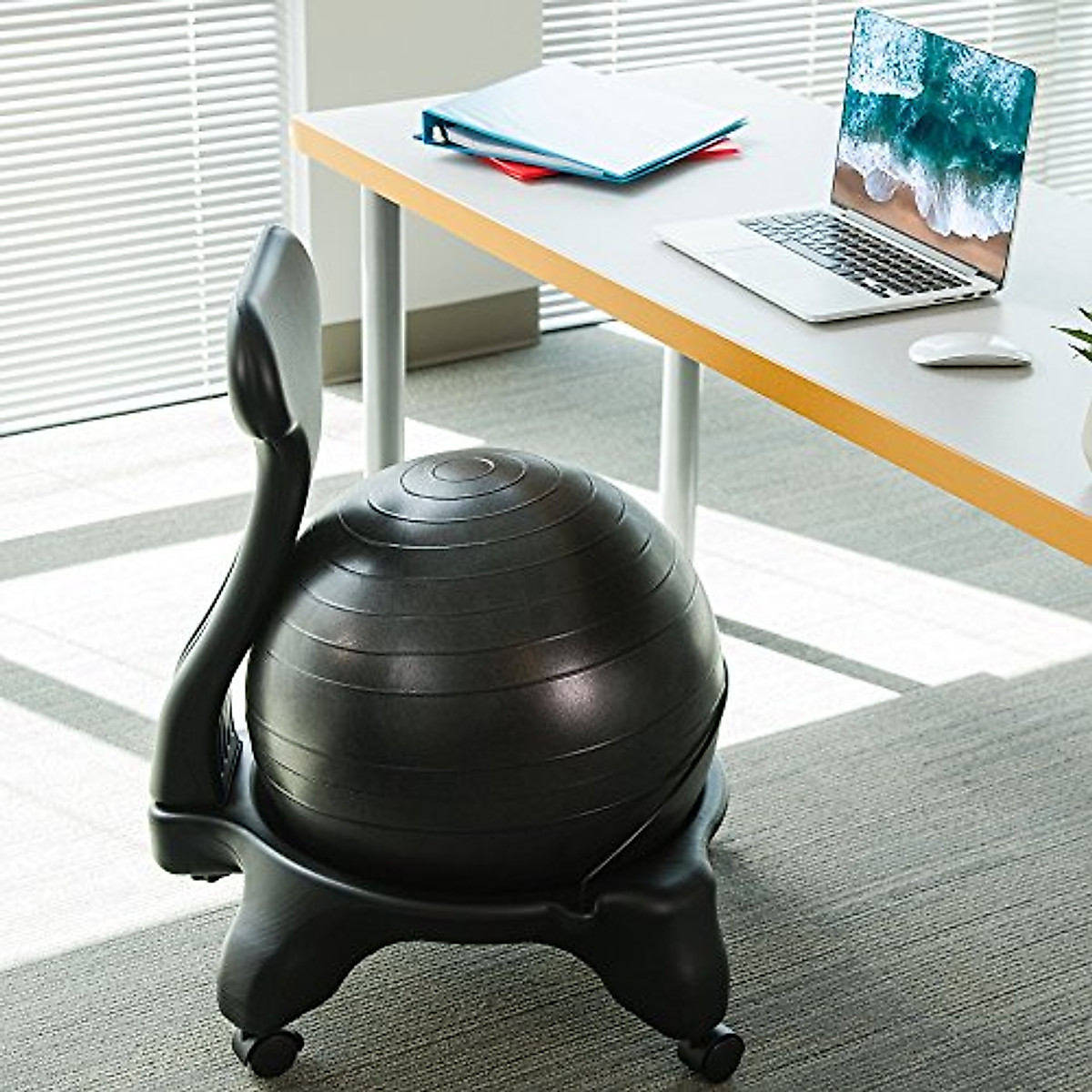 Champion Sports Exercise Ball Chair: FitPro Balance Ball Chair with Wheels and Back Support for Home or Office Use - Includes Hand Pump - Black