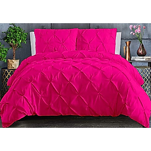 100% Cotton 600 Thread Count 5 Piece Pinch Pleated Duvet Set, 1 Piece Pinch Pleated Duvet Cover With Zipper Closure & Corner Ties And 4 Pillow Cover (King/California King Size, Hot Pink)