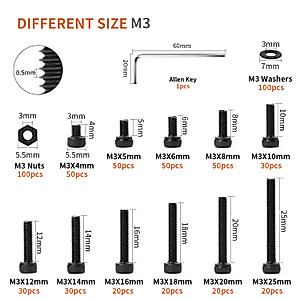 NIULUNBAO 570PCS M3 x 4/5/6/8/10/12/14/16/18/20/25mm Hex Socket Head Cap Screws Bolts and Nuts Flat Washers Assortment Kit, 12.9 Grade Alloy Steel, Black Oxide Finish, Metric Machine Allen Hex Drive