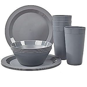 US Acrylic Newport Plastic Plate, Bowl and Tumbler Dinnerware Set for 4 in Grey Stone | 12-Piece Drinking and Dining Set | Reusable, BPA-free, Made in the USA, Top-rack Dishwasher Safe