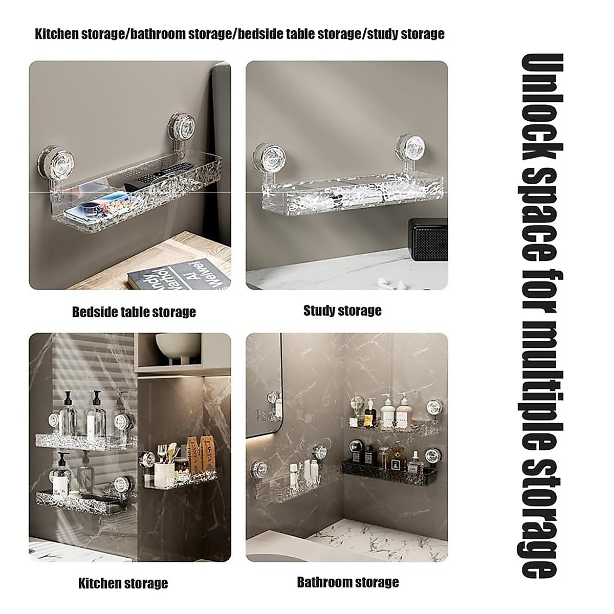 Androf Acrylic Transparent Shower Storage, Raidley No Drill Clear Wall Caddy Large Capacity, Drainage, Raidley Easymount Bathroom Storage Shelf (Rectangle-Silver)