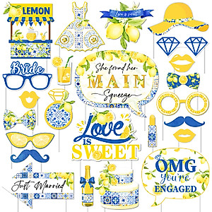 24 Pieces She Found Her Main Squeeze Photo Booth Props - Blue Tile and Lemon Bridal Shower Decorations, Yellow and Blue Capri Lemon Theme Party Supplies
