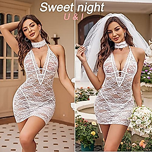 Avidlove Lingerie for Women Sexy Deep V Halter Lace Babydoll Mesh Chemises White