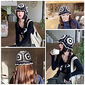 Women Crochet Bucket Hat Knitted Bucket Hat Handmade Cute Flower Pattern Beach Hat Outdoor Cute Striped Floral Fishing Hat Knit Bucket Hats Fisherman Hat for Women Multicolor