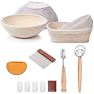 Bread Proofing Basket Set Of 2 Round and Oval, Banneton Proofing Basket + Danish Dough Whisk + Bread Scoring Lame + Stainless Steel Dough Scraper + Flexible Dough Scraper, Sourdough Tools Kit