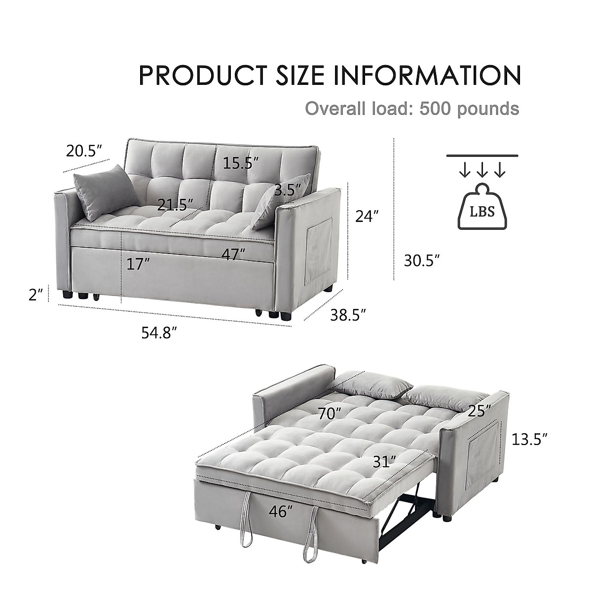 FENFSHE Futon Sofa Bed, Modern Velvet 3 in 1 Convertible Sleeper Sofa Couch Bed, Pullout Couch Bed with Adjustable Backrest, Storage Pockets and Toss Pillows for Living Room, Bedroom (Grey)