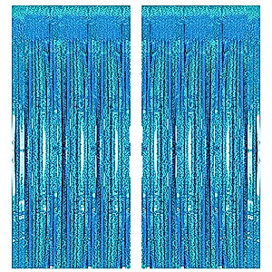 2 Pack 3.2ft x 8.2ft Blue Foil Fringe Curtains Photo Backdrop Party Decorations, Metallic Tinsel Foil Fringe Streamer Curtains for Party Door Wall Curtains Bachelorette Christmas New Year Decorations