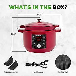 6 Quart Electric Dutch Oven | 1500W 5-in-1 Enamel Coated Cast Iron Pot with Stainless Steel Lid | Precise Temperature Control | Includes 2 Silicone Pot Holders & Heat Resistant Pad | Red