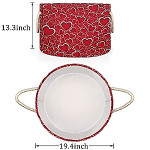 Valentine's Day Red Hearts Large Round Baskets for Storage Laundry Baskets with Handles Blanket Storage Basket for Bathroom Shelves Bins for Organizing Nursery Hamper Girl Boy