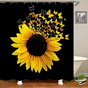 Yuaobeimei Golden Sunflower and Butterfly Floral Patterned Shower Curtain Set 4 Pieces 3D Printing Floral Bathroom Decor with Bath Rugs Mat,and 12 Hooks, 71x71inch