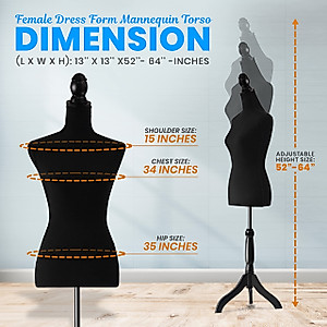 SereneLife Torso Display Female Mannequin with Adjustable Height (52-64 Inches), Easy-to-Assemble Design, Lightweight & Durable, Stable Tripod Stand, Perfect for Clothing Display