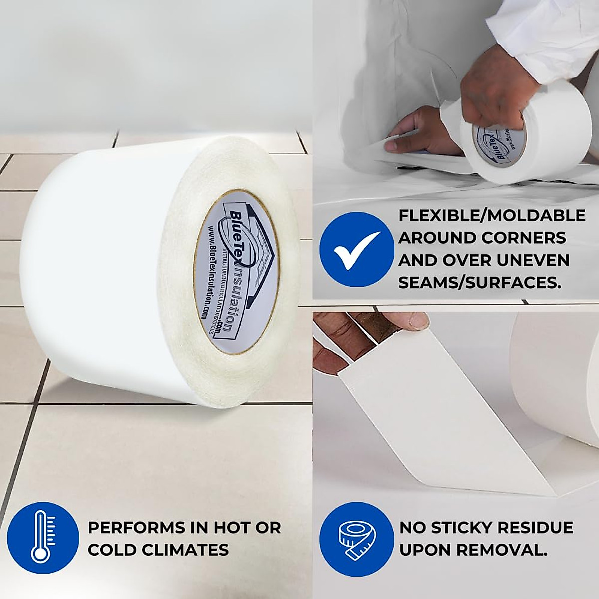 BlueTex Insulationㅤ 3" Wide x 180' Long White Vapor Barrier Seam Tape - 1 Roll, Waterproofing & Great for Crawlspaces, Insulation Repairs, Underlayment Seams, Metal Building Insulation Seams