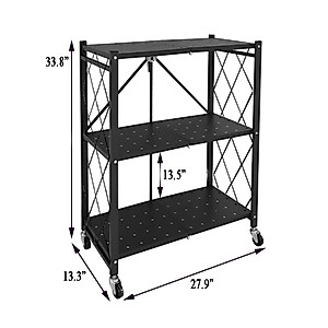 CozyBlock Foldable Storage Shelves with Wheels, Black Metal Wire Rack, Easy Moving Shelf, Storage Organizer for Kitchen, Bathroom, Garage, Outdoor (3 Tier)