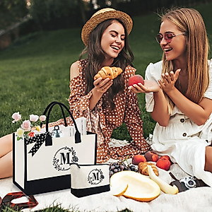 BeeGreen Christmas Gifts for Women - Personalized Gift Bag for Women Canvas Tote Bag for Friends Mother Bride Teacher Gifts Large Initial Beach Bag for Birthday Bridal Shower Bridesmaid Gifts V