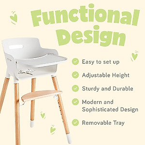 Wooden High Chair for Babies and Toddlers - with Harness, Removable Tray, and Adjustable Legs