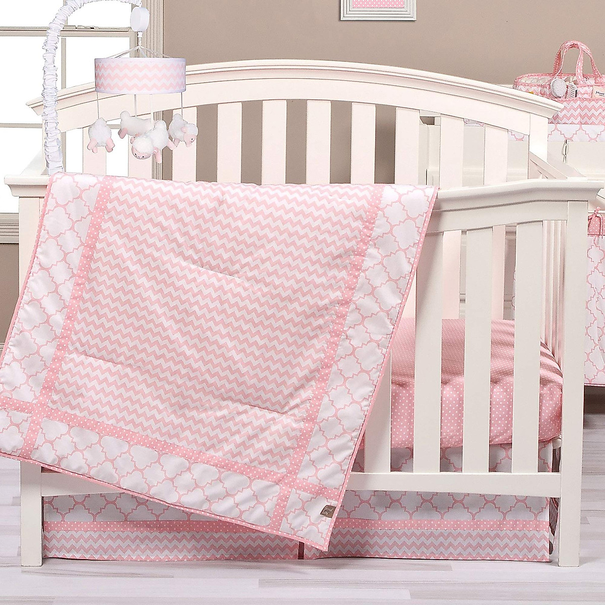 Trend Lab Pinky Sky 3 Piece Crib Bedding Set, Can Be Used As A Blanket Or A Playmat for Tummy Time, Includes Quilt, Fitted Crib Sheet and Skirt