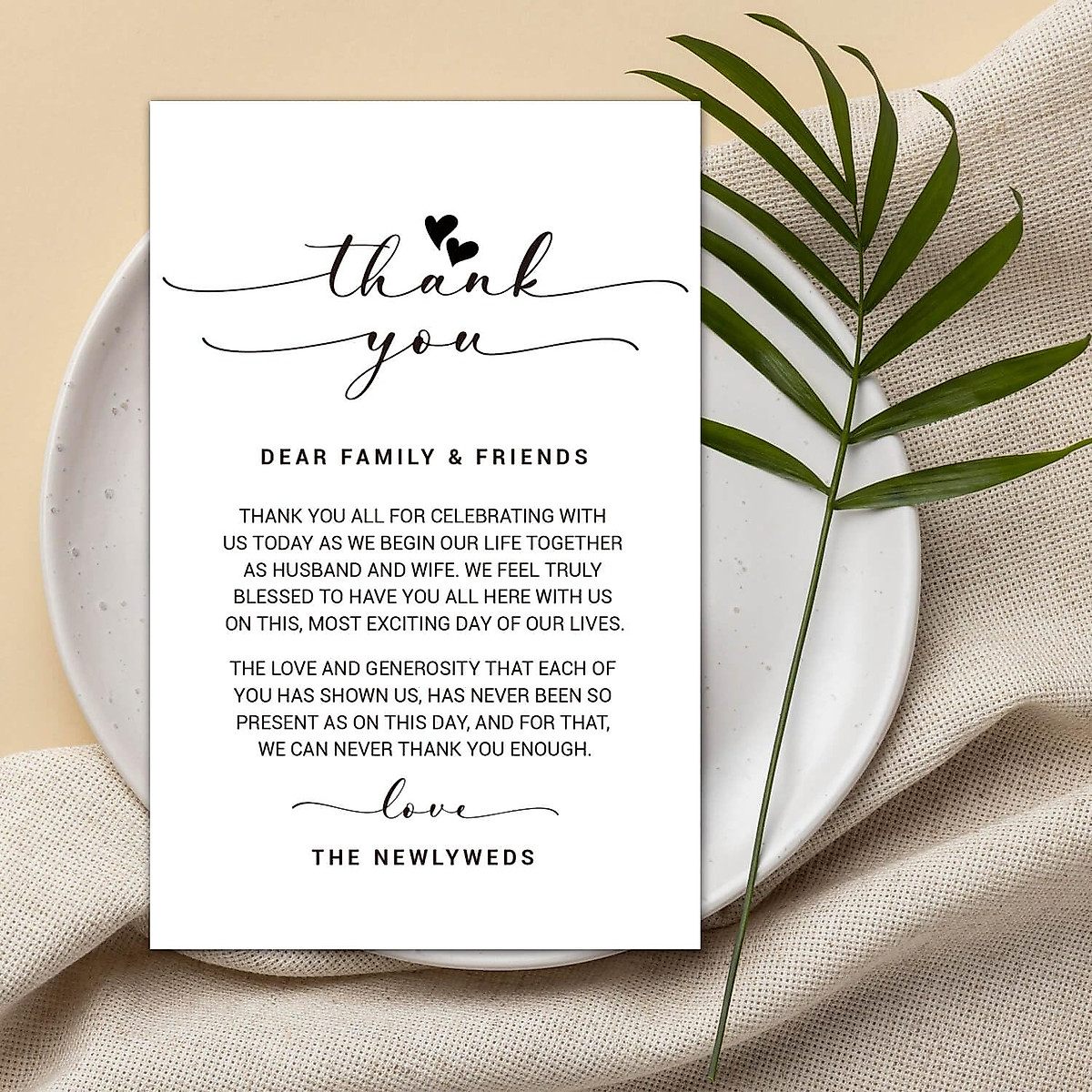 50 Thank You Placecards for Wedding, Wedding Thank You Place Setting Cards for Table Reception, Dinner Plates, Wedding Reception Thank You Cards, Heart Script,4 x 6 inch.