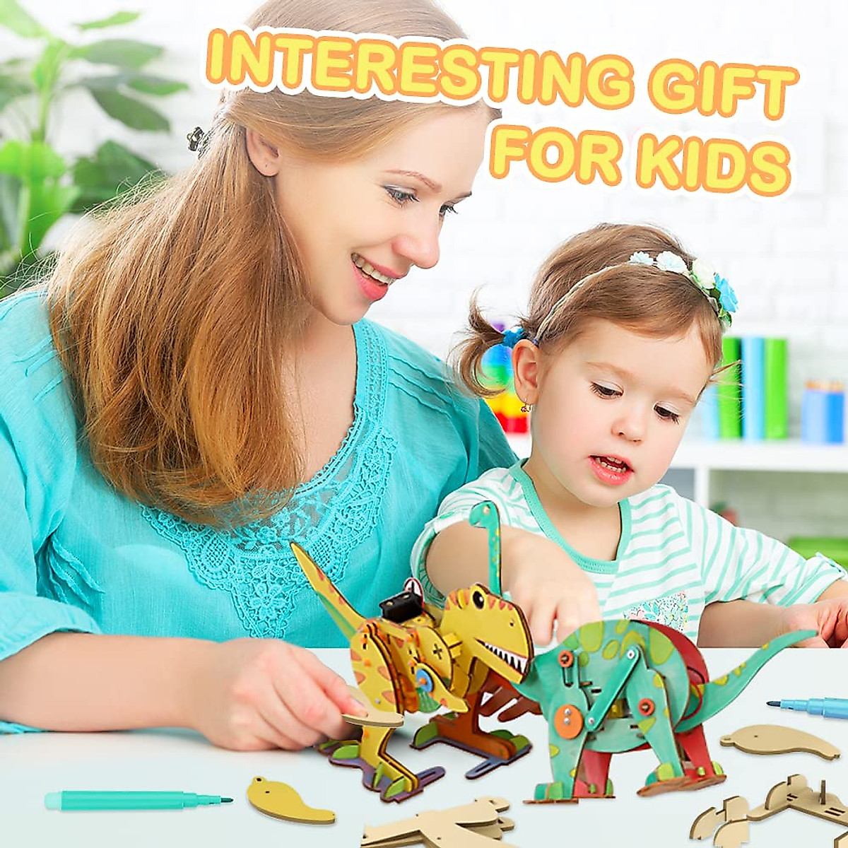 4 Pack STEM Kits, Dinosaur Toys for Kids 8-12, 3D Wooden Puzzle Model Robot Kit with Volcano Science Kit STEM Project Children's Educational Experiment DIY Boys Girls 3D Wooden Puzzle Gifts