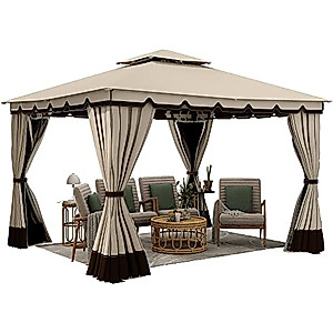 YITAHOME 10x12ft Gazebo for Patios Outdoor Double Roof Canopy Gazebo with Netting & Curtains, Soft Fabric Top Garden Winds Tent with Steel Frame for Lawn, Garden, Backyard and Deck (Khaki)
