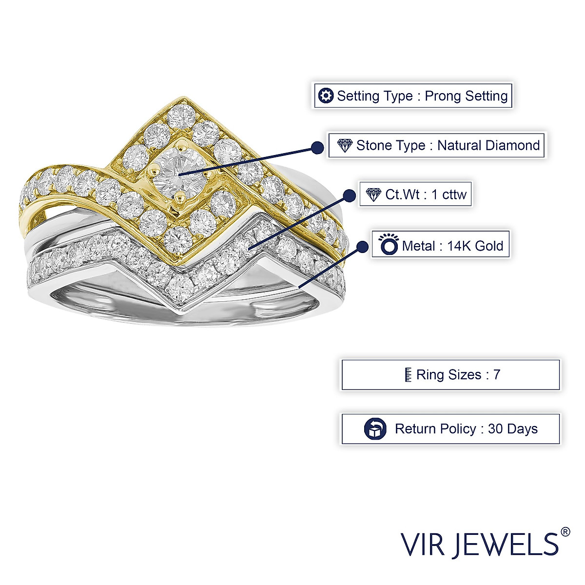 Vir Jewels 1 cttw Diamond Wedding Engagement Ring Set 14K Two Tone Gold Princess Halo Style Size 6