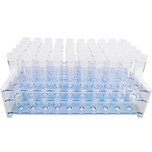 50Pcs Clear Plastic Test Tubes with Rack,16x100mm(10ml) Test Tube with Caps and 50 Holes Tubes Rack for Scientific Experiments,Party,Decorate The House,Candy Storage