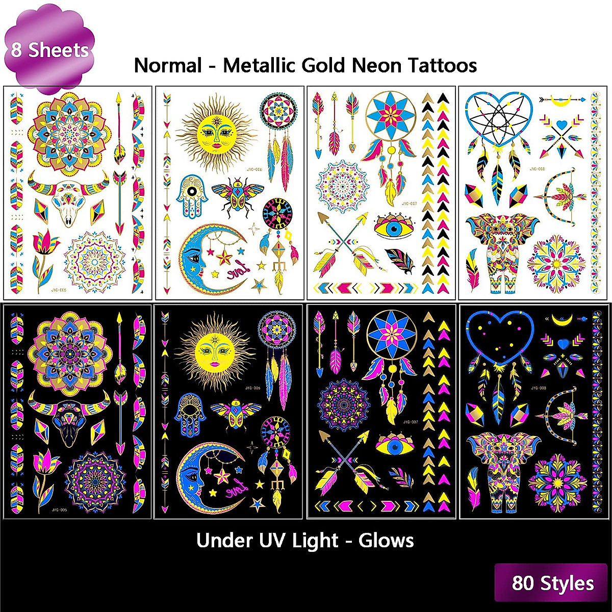 Neon Metallic Gold Temporary Tattoos Glow In The Dark UV Neon Tattoos Stickers 80 Glitter Styles Mandalas Feather Elephants Horns Party Decoration for Adults Kids