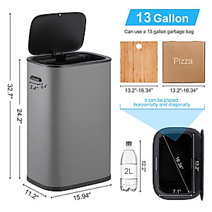 WELYFE 13 Gallon SensorCan, Kitchen Trash Can with Lid, Sensor-Activated Lid Garbage Bin for Home, Office, Slim Space-Saving, Battery not Included, Grey