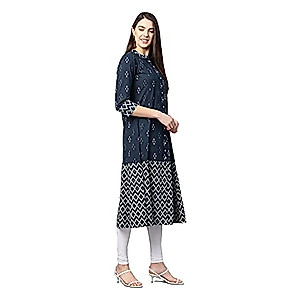 Yash Gallery Women's Cotton Ikat Print A-Line Kurta (Blue)