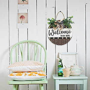 Surfapans Welcome to our Home Sign for Front Door Wall Hanging Round Wood Wreaths Outdoor Signs for Farmhouse Front Porch Decor (Wood)