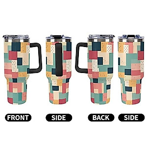 Colorful Blocks 40 Oz Stainless Steel Cup Travel Tumbler with Handle and Straw Lightweight Coffee Mug for Home Office