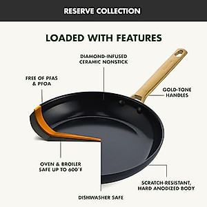 GreenPan Reserve Hard Anodized Healthy Ceramic Nonstick, 8" 10" and 12" 3 Piece Frying Pan Skillet Set, Gold Handle, PFAS-Free, Dishwasher Safe, Oven Safe, Black