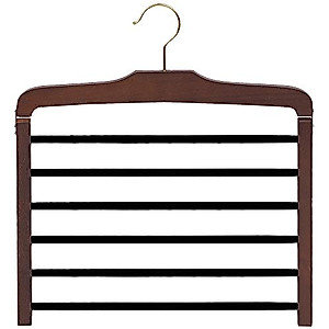 Wooden 6 Tier Pant Hanger w/ Black Velvet Non-Slip Bars, Box of 1 Wood Bottom Hanger w/ Walnut Finish and Chrome Swivel Hook for Jeans Slacks or Trouser by The Great American Hanger Company