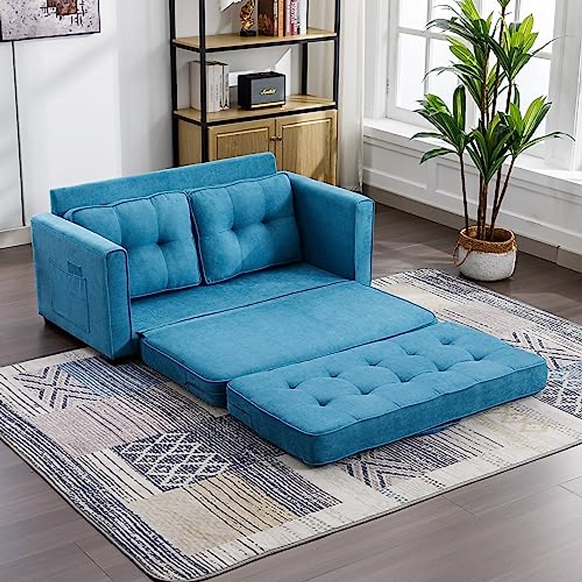 BIADNBZ 59.4" Convertible Loveseat Sleeper Sofa with Pull-Out Bed, Modern Upholstered Couch with Side Pocket, for Living Room Office or Small Spaces, Blue