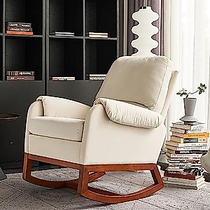 CALABASH Rocking Chair Nursery,Modern Comfy Armchair with Side Pocket,Mid-Century Upholstered Glider Rocker Chairs for Baby/Kids Room and Living Room (White Beige)