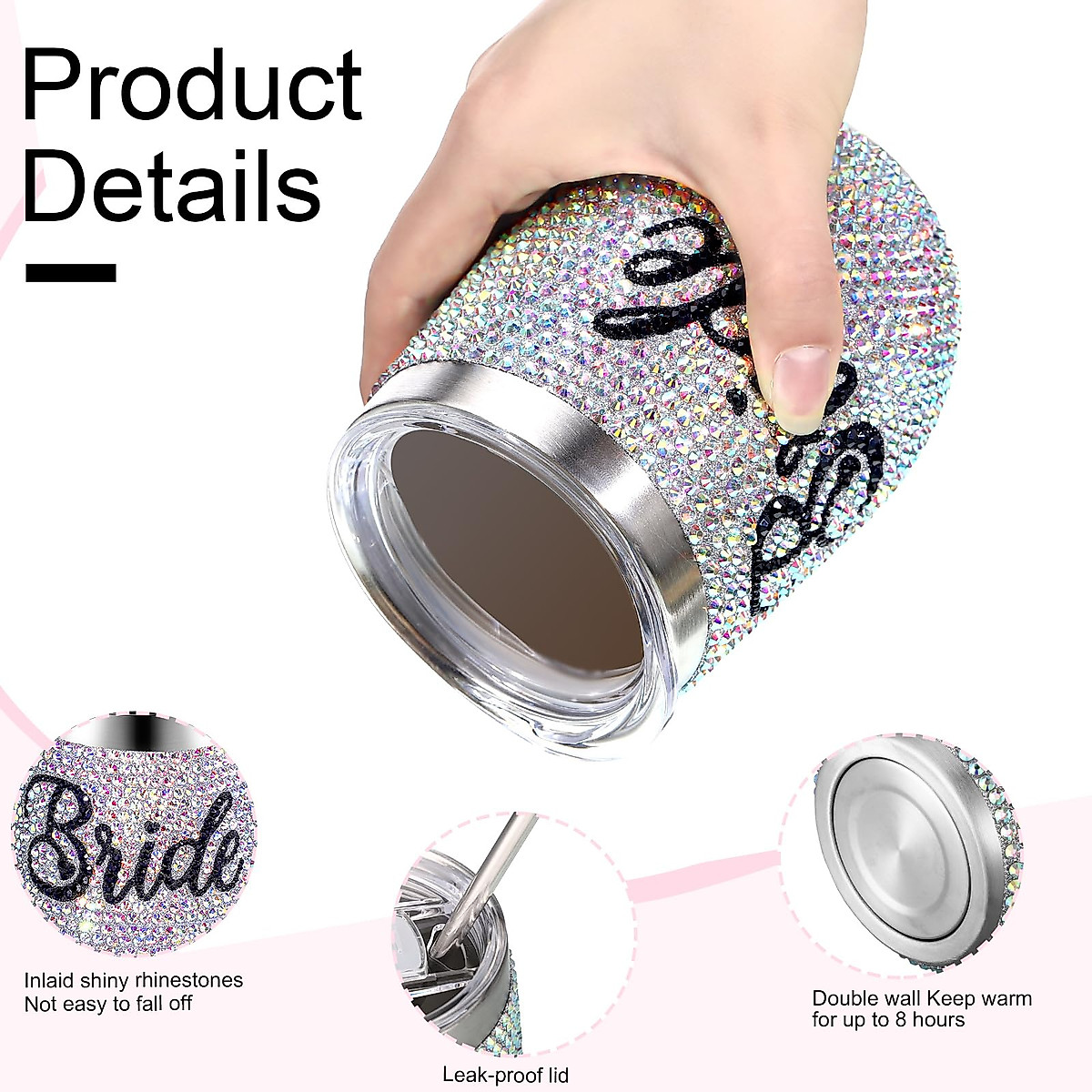 Hoolerry Bling Diamond Bride Tumbler Cup Bridal Insulated Tumbler Bride Gifts for Bridal Shower Engagement Gift Rhinestones Bride Cup Glitter Tumbler Bachelorette Party, AB Color (Eggshell)