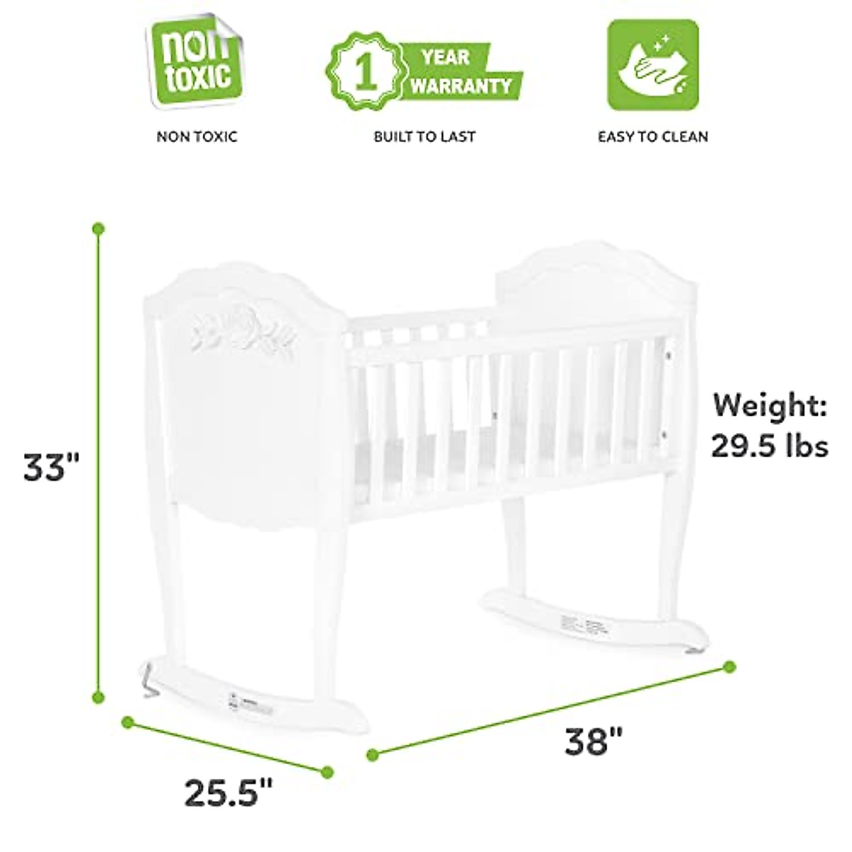 SweetPea Baby Rose Cradle in White, with 1" Mattress Pad, Easy to Assemble, JPMA Certified, New Zealand Pinewood Cradle, Stationary and Rocking Cradle