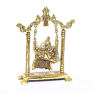 Handy's Stores Radha Krishna on Swing jhula Metal Statue Gold Plated Decor Your Home,Office & Radha Krishna Murti,Showpiece Figurines,Religious Idol Gift Article. (Size 17 x 7 x 20 cm :: 270 Grams)