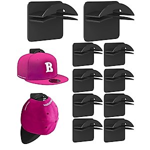 Quzhunoo 2-in-1 Hat Hooks (10PCS), No Drilling Hat Holder, Strong Adhesive Hat Rack for Wall Use, Hat Racks for Baseball Caps, Hat Organizer Display for Wall, Door, Closet, Black