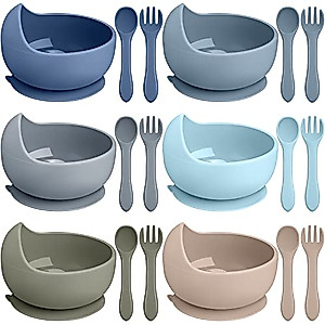 Yaomiao 6 Sets Baby Suction Bowl Silicone Dishware Bowls for Baby Toddlers with Spoons Forks Inwardly Curved Food Bowl Non Slip Baby Dishes and Utensils Baby Eating Supplies, 6 Colors (Fresh Color)
