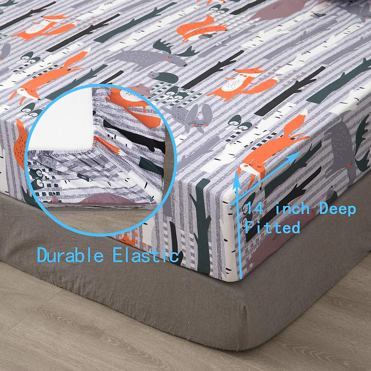 JSD Kids Printed Sheets Set Twin, Cute Forest Animals Fox Soft Microfiber Bed Sheets for Boys Girls, 3 Pieces