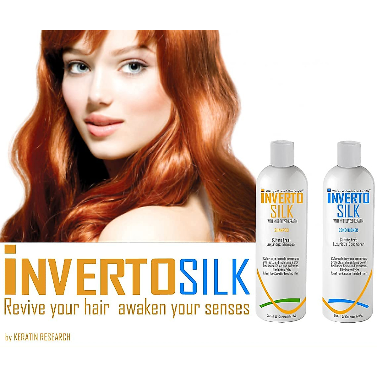 Keratin Shampoo Set For Frizzy Damaged And Color Treated hair INVERTO SILK Luxurious Sulfate Free Shampoo and Conditioner Two Bottles Value Set 2 x 360ml Protect Hair Color Eliminate Frizz