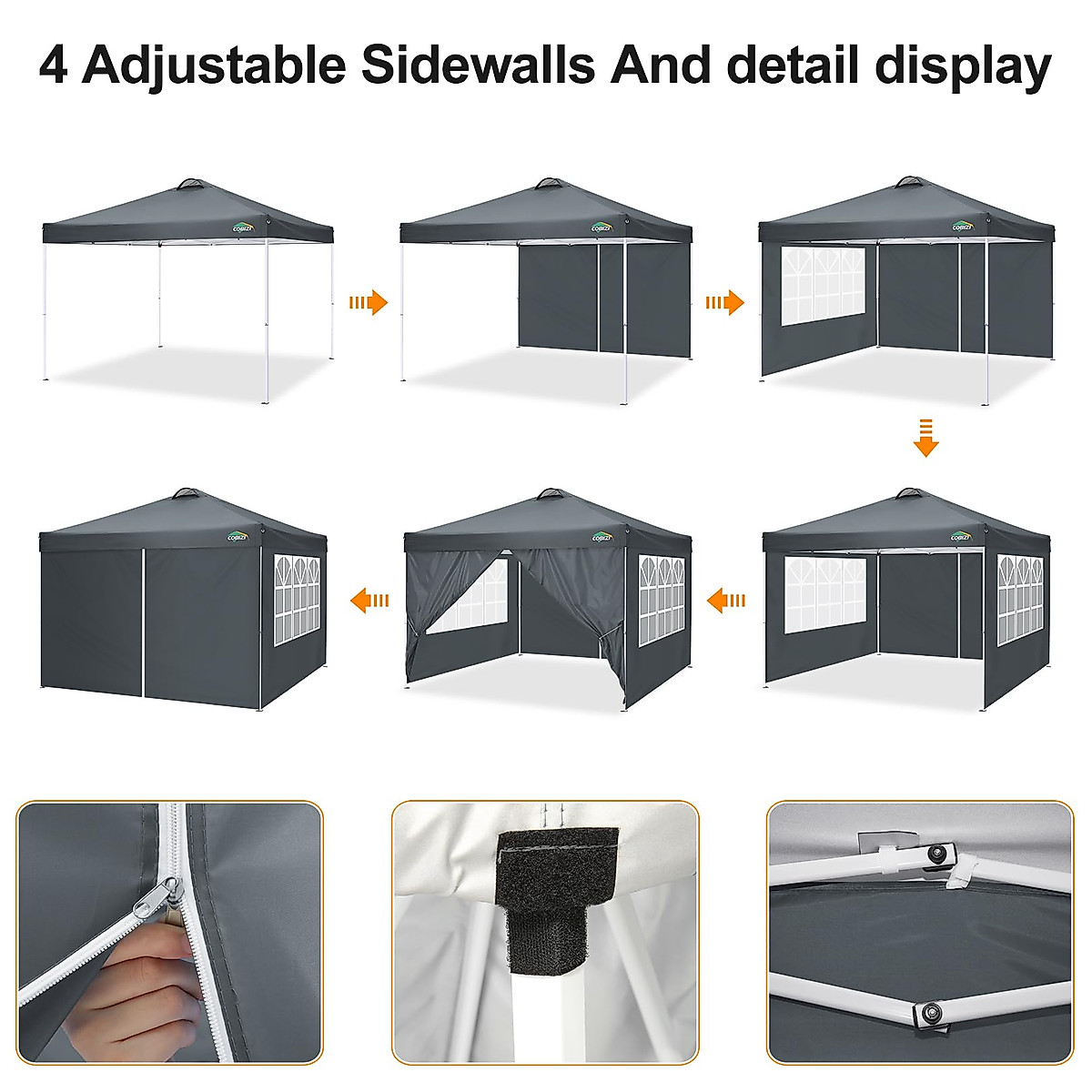 COBlZI 10x10 Pop Up Canopy Tent with 4 Removable Sidewalls，Waterproof Commercial Easy Adjustable Gazebo Tent with Air Vent, 4 Sandbags，4 Stakes & 8 Ropes（Tents for Party/Exhibition,Grey