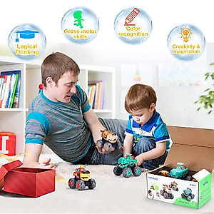 HIEMAO Monster Toy Cars for 1 2 3 4 Year Old Boys, 3 Pack Friction Powered Push & Pull and Go Animal Trucks, Car Toys Vehicles Set for Toddler (Mid Size, Bull/Leopard/Crocodile)