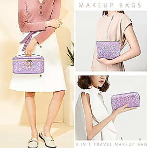 Lubardy Makeup Bag Leather Cosmetic Bag Waterproof Makeup Pouch Portable Makeup Travel Bag Multifunctional Cosmetic Organizer Bag for Women, 3-Pack, Purple