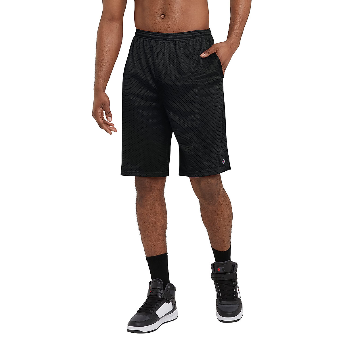Champion Mens Shorts, Mesh Gym Lightweight Athletic For (Reg. Big & Tall) Running-shorts, Black C Patch Logo, Medium US